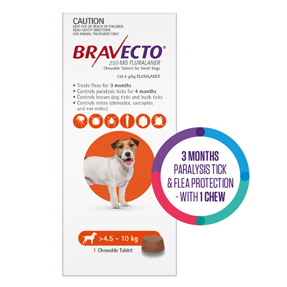 Buy Bravecto For Small Dogs 4.5-10Kg (Orange) 1 Chew Online