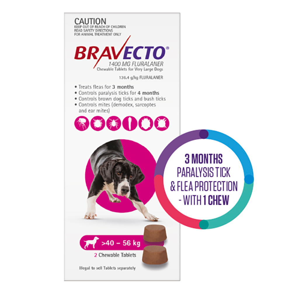 Buy Bravecto For Extra Large Dogs 40-56Kg (Pink) 2 Chews Online