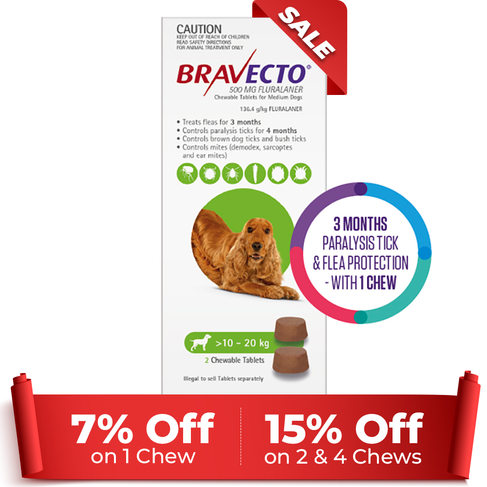 Buy Bravecto For Medium Dogs 10-20Kg (Green) 2 Chews Online