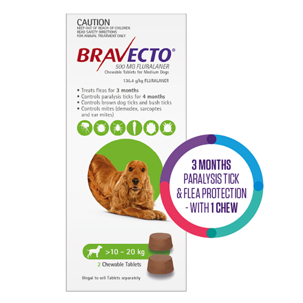 Buy Bravecto For Medium Dogs 10-20Kg (Green) 2 Chews Online