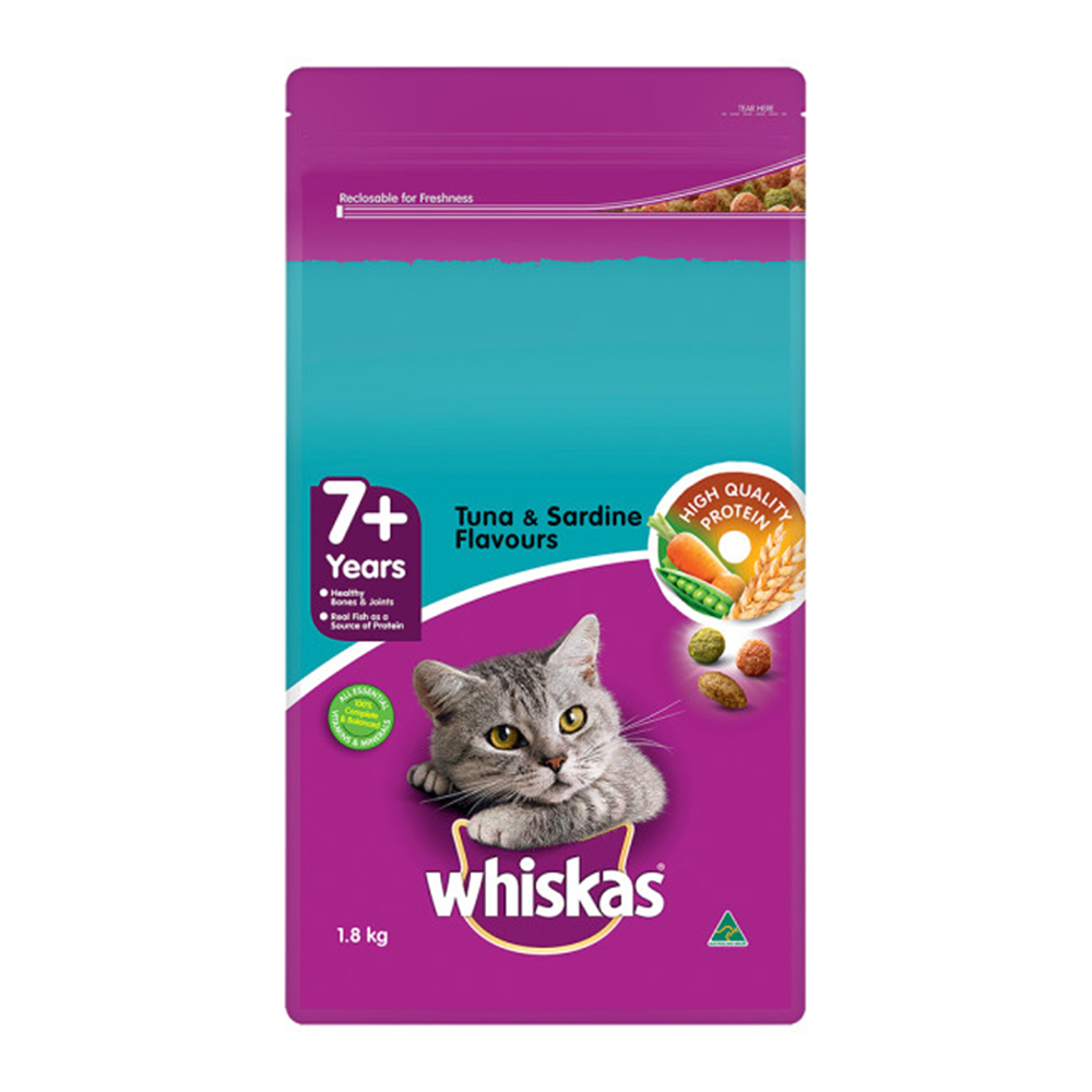 Whiskas 7+ Years Adult Dry Cat Food with Tuna & Sardine Flavours