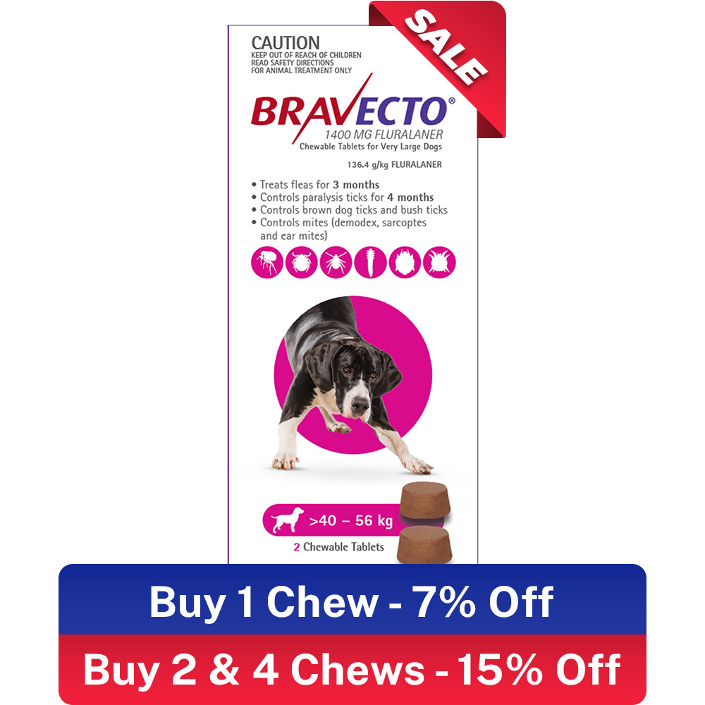Buy Bravecto For Extra Large Dogs 40-56Kg (Pink) 2 Chews Online