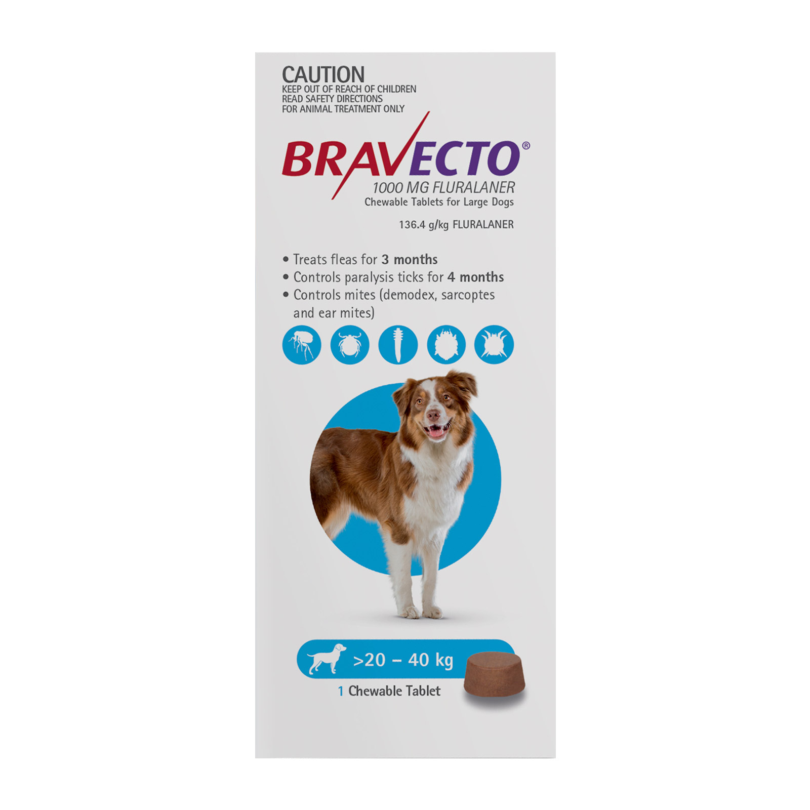Buy Bravecto For Large Dogs 20-40kg (Blue) 1 Chews Online